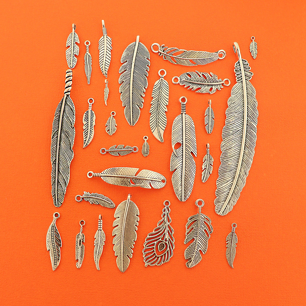 Deluxe Feather Collection Antique Silver Tone 27 Different Charms - CO