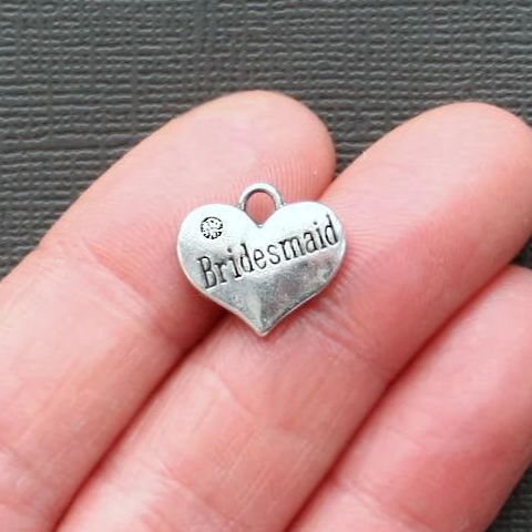 4 Bridesmaid Heart Antique Silver Tone Charms 2 Sided With Inset Rhine