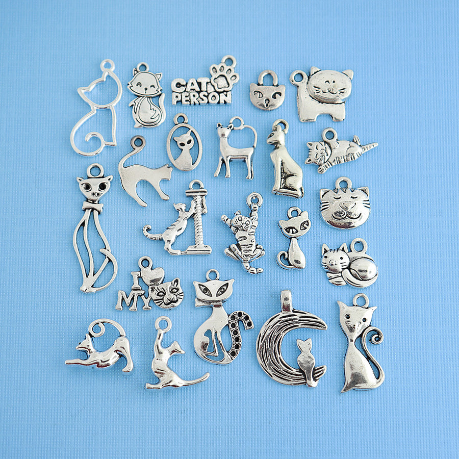 Deluxe Cat Charm Collection Antique Silver Tone 22 Different Charms