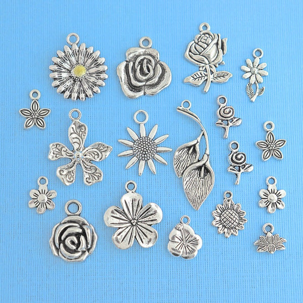Deluxe Flower Charm Collection Antique Silver Tone 18 Charms - COL084