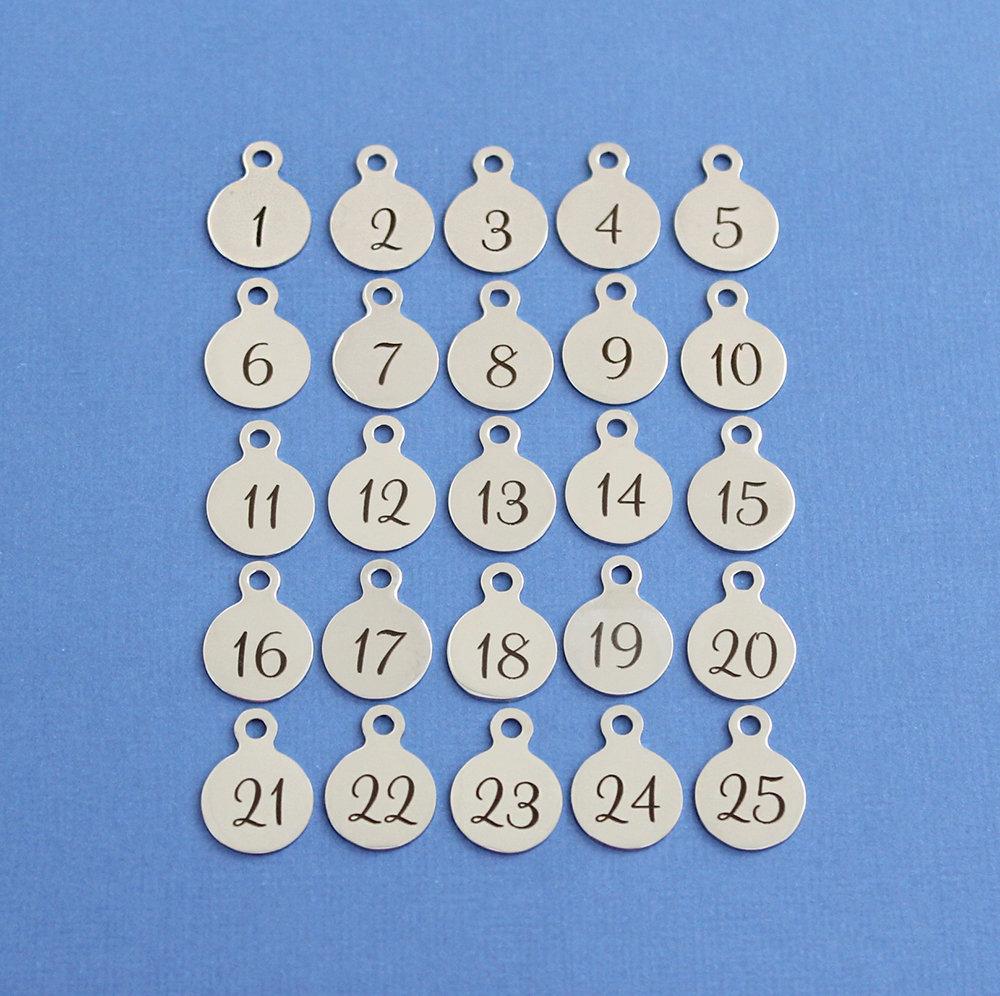 Stainless Steel Set of Number Charms - Full Set Numbers 1 - 25 Cursive